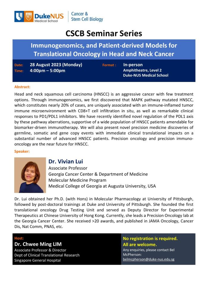 4PM Seminar: Dr. Vivian Lui - “Immunogenomics, and Patient-derived ...