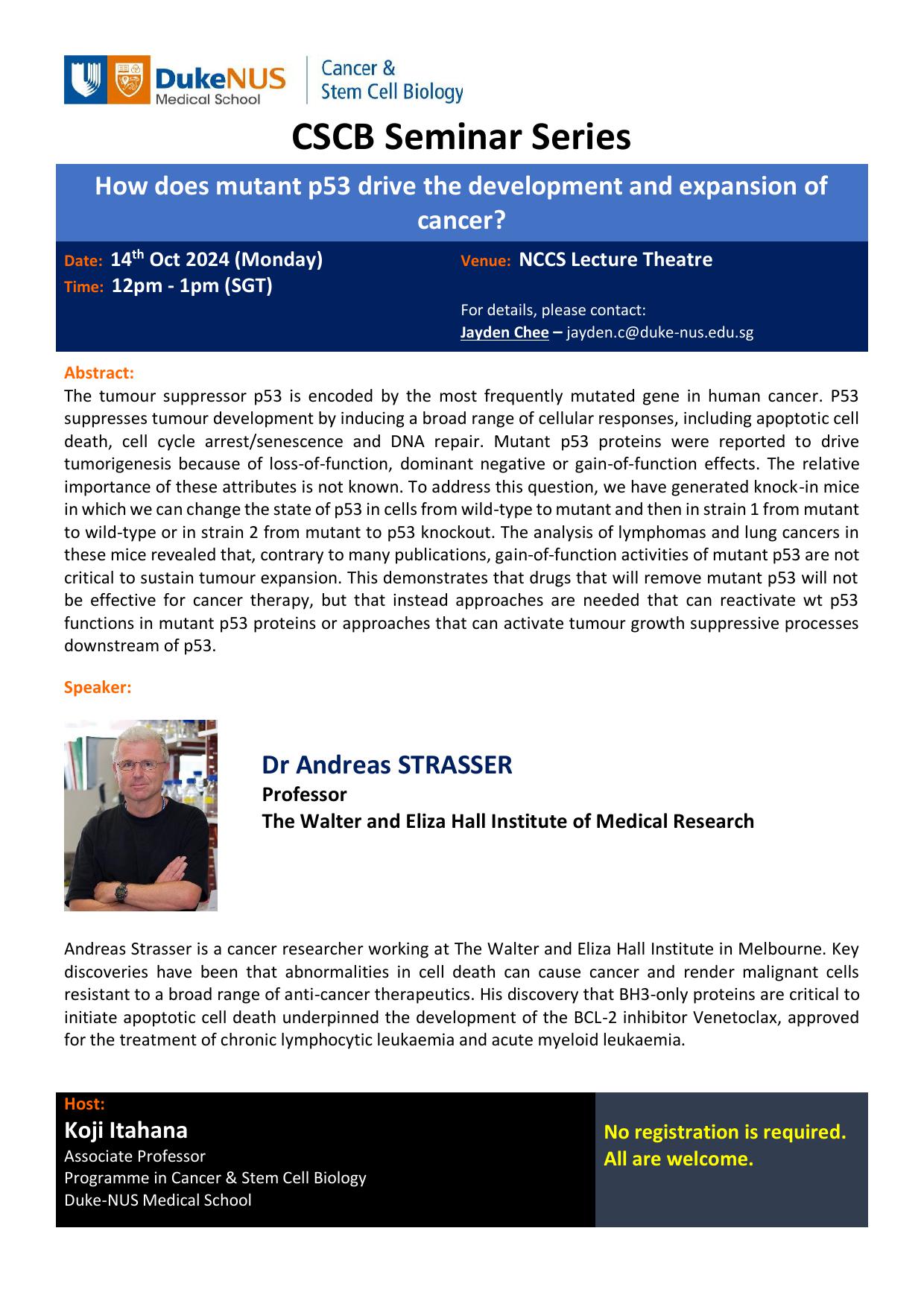 Noon Seminar: Dr. Andreas Strasser - “How does mutant p53 drive the ...