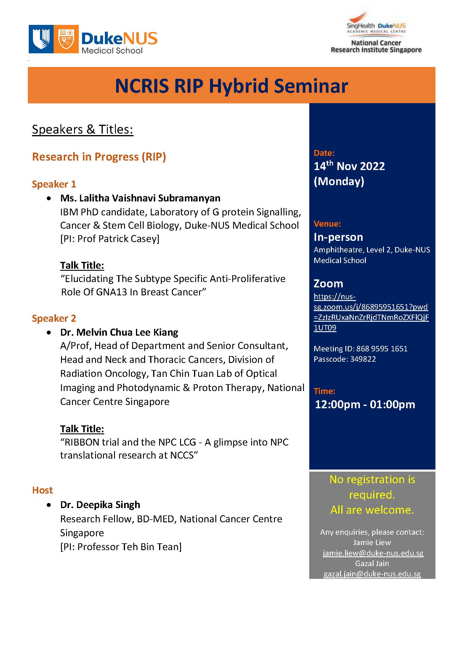 NCRIS Research in Progress (RIP) Meeting on 14 Nov2022 (Mon) @12pm, Hybrid Seminar