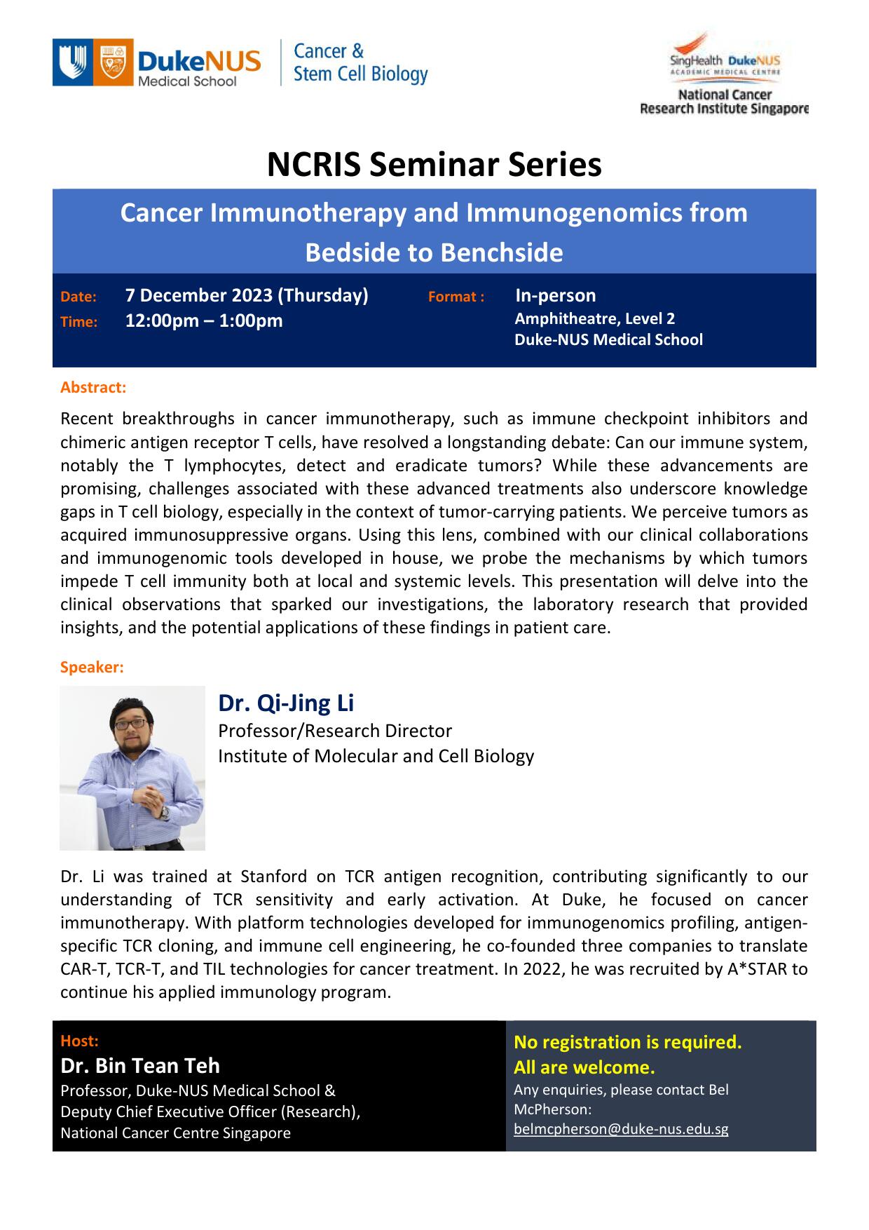 Noon Seminar: Dr. Qi-Jing Li - “Cancer Immunotherapy and Immunogenomics ...