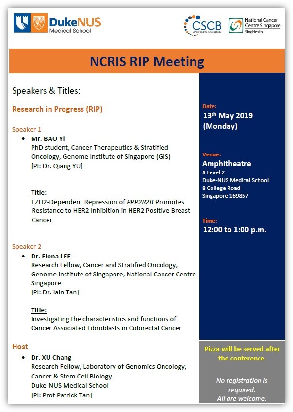 NCRIS Research in Progress (RIP) Meeting on 13 May 19 (Mon) @12pm, Amphitheatre, Duke-NUS